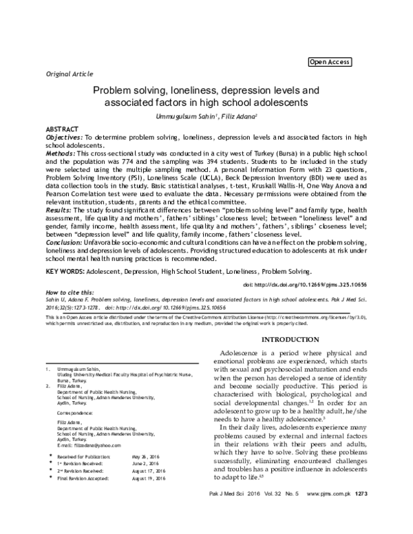 (PDF) Problem solving, loneliness, depression levels and associated ...