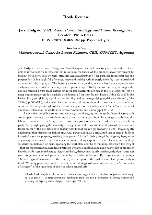 (PDF) Review of: Jane Holgate (2021) Arise: Power, Strategy and Union ...