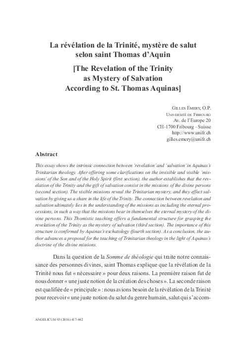 (PDF) La révélation de la Trinité, mystère de salut selon saint Thomas d’Aquin