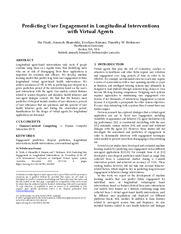 (PDF) Predicting User Engagement in Longitudinal Interventions with Virtual Agents
