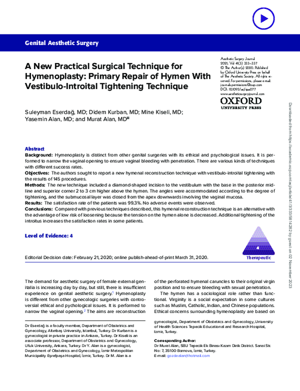 (PDF) A New Practical Surgical Technique for Hymenoplasty: Primary ...