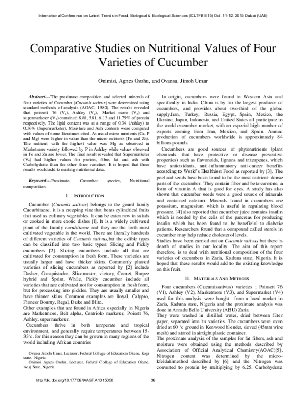 (PDF) Comparative Studies on Nutritional Values of Four Varieties of Cucumber