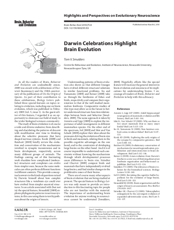 (PDF) Darwin Celebrations Highlight Brain Evolution