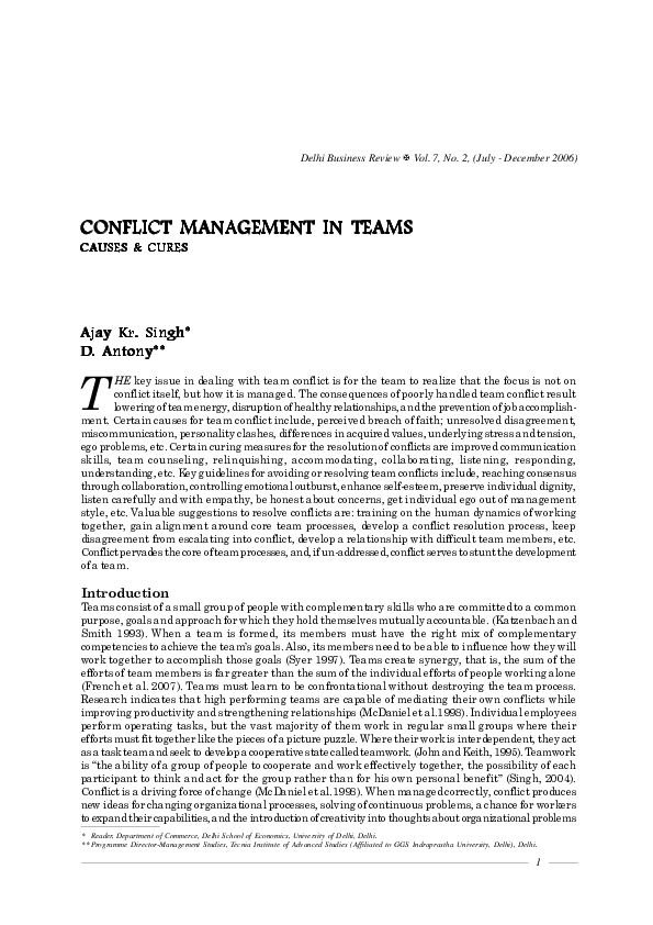 (PDF) Conflict Management in Teams