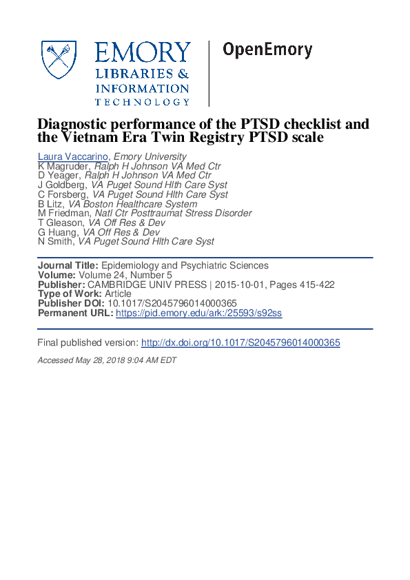 (PDF) Diagnostic performance of the PTSD checklist and the Vietnam Era ...