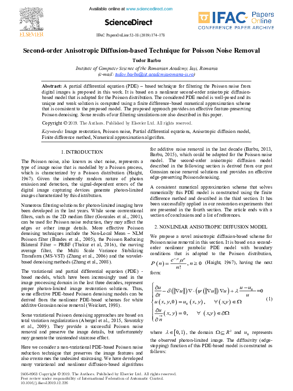 (PDF) Second-order Anisotropic Diffusion-based Technique for Poisson Noise Removal