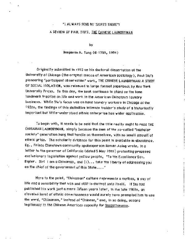 (PDF) Essay review of Paul Siu's THE CHINESE LAUNDRYMAN (1994 ...