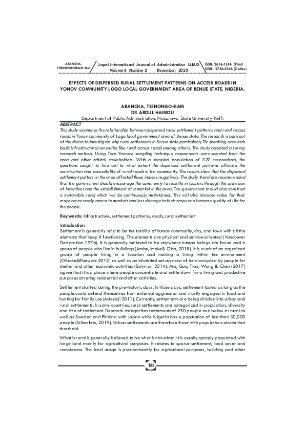 (PDF) EFFECTS OF DISPERSED RURAL SETTLEMENT PATTERNS ON ACCESS ROADS IN ...