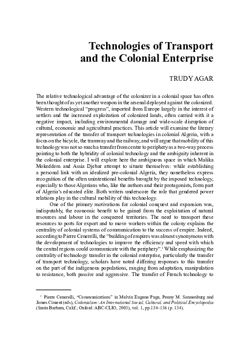(PDF) Technologies of Transport and the Colonial Enterprise