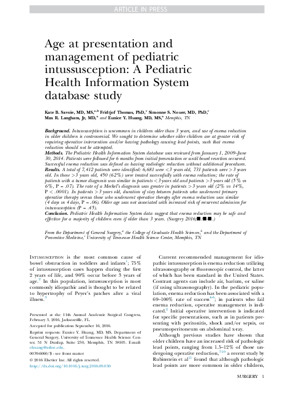 (PDF) Age at presentation and management of pediatric intussusception ...