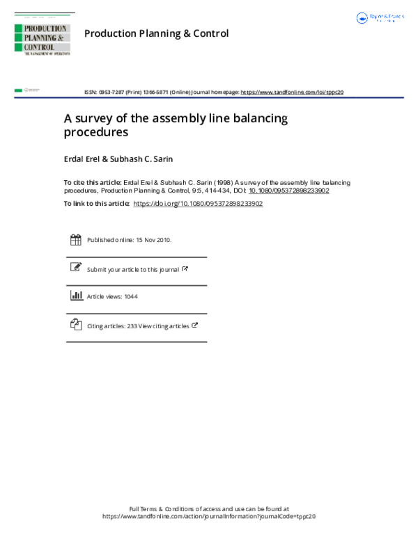 (PDF) A survey of the assembly line balancing procedures