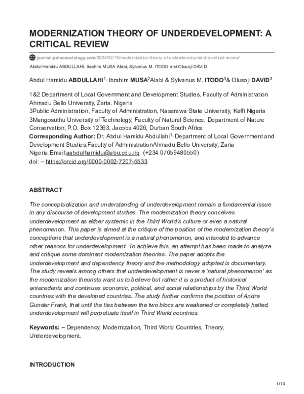 (PDF) MODERNIZATION THEORY OF UNDERDEVELOPMENT: A CRITICAL REVIEW