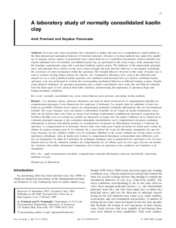 (PDF) A laboratory study of normally consolidated kaolin clay