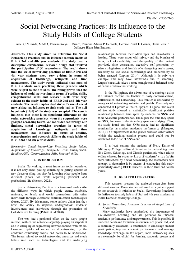 (PDF) Social Networking Practices: Its Influence to the Study Habits of ...