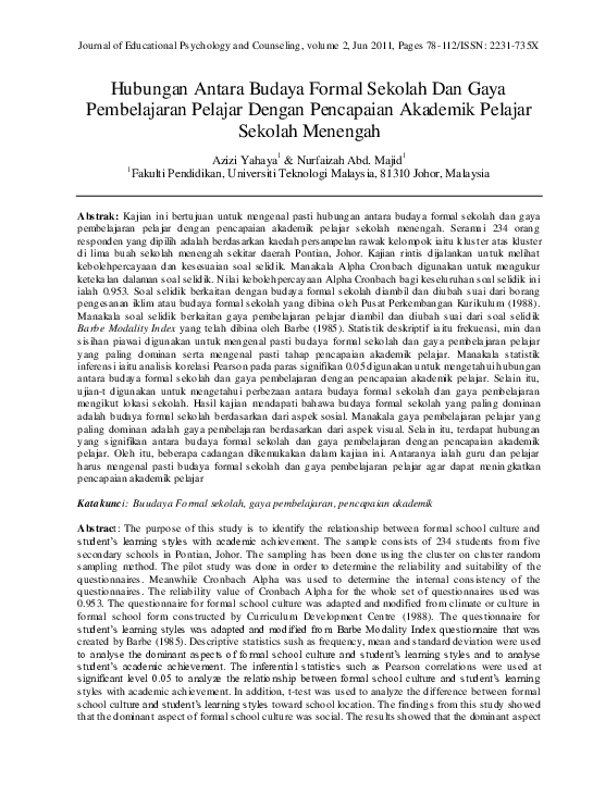 (PDF) Hubungan Antara Budaya Formal Sekolah Dan Gaya Pembelajaran ...