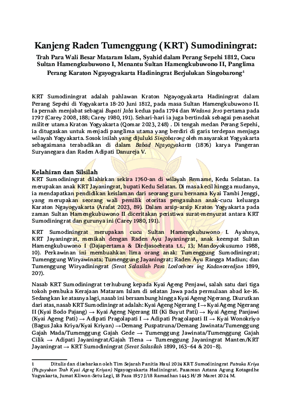 (PDF) Kanjeng Raden Tumenggung (KRT) Sumodiningrat