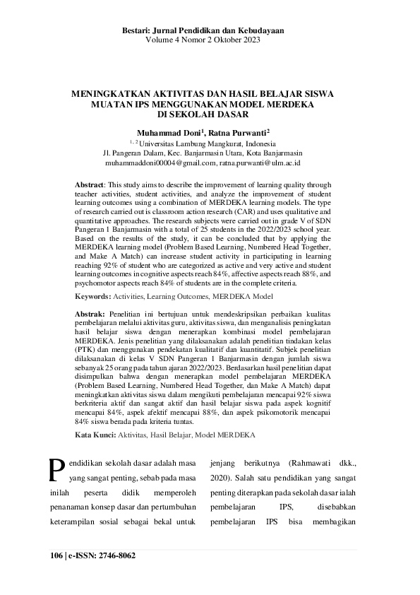 (PDF) Meningkatkan Aktivitas Dan Hasil Belajar Siswa Muatan Ips Menggunakan Model Merdeka DI ...