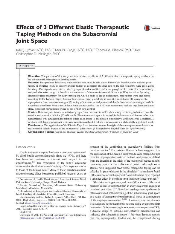 (PDF) Effects of 3 Different Elastic Therapeutic Taping Methods on the Subacromial Joint Space