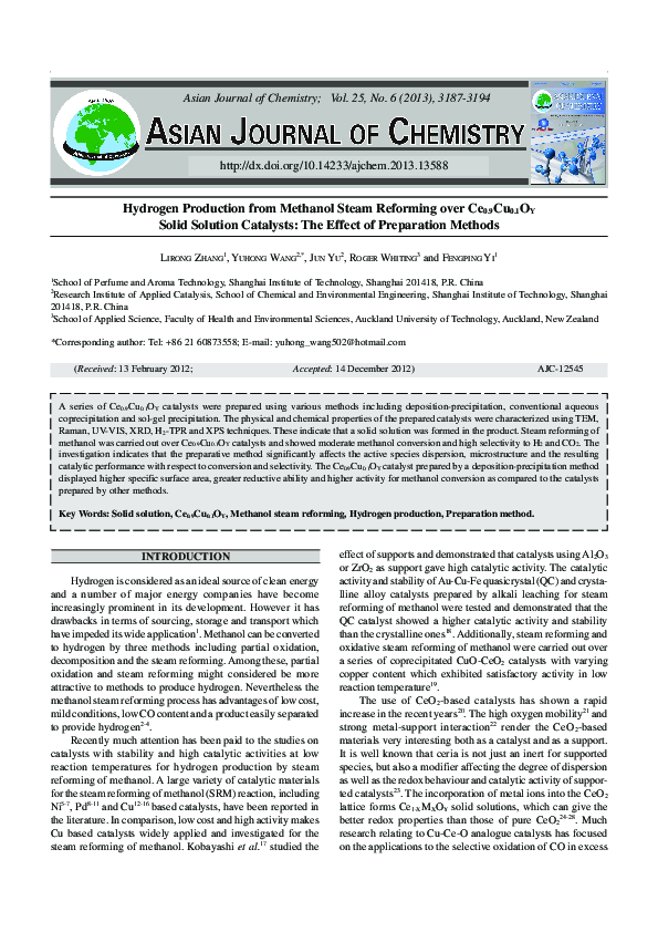 (PDF) Hydrogen Production from Methanol Steam Reforming over Ce0.9Cu0 ...
