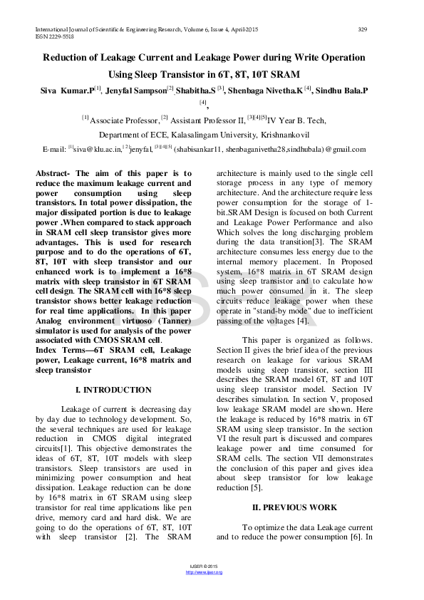 Pdf Reduction Of Leakage Current And Leakage Power During Write Operation Using Sleep