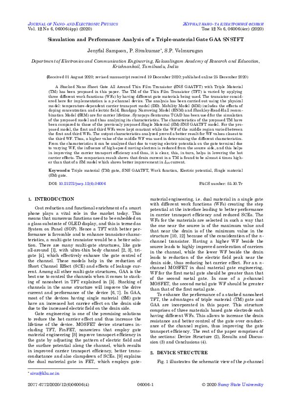 (PDF) Simulation and Performance Analysis of a Triple-material Gate GAA ...