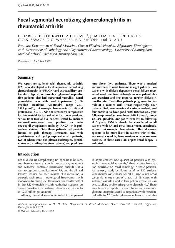 (PDF) Focal segmental necrotizing glomerulonephritis in rheumatoid ...