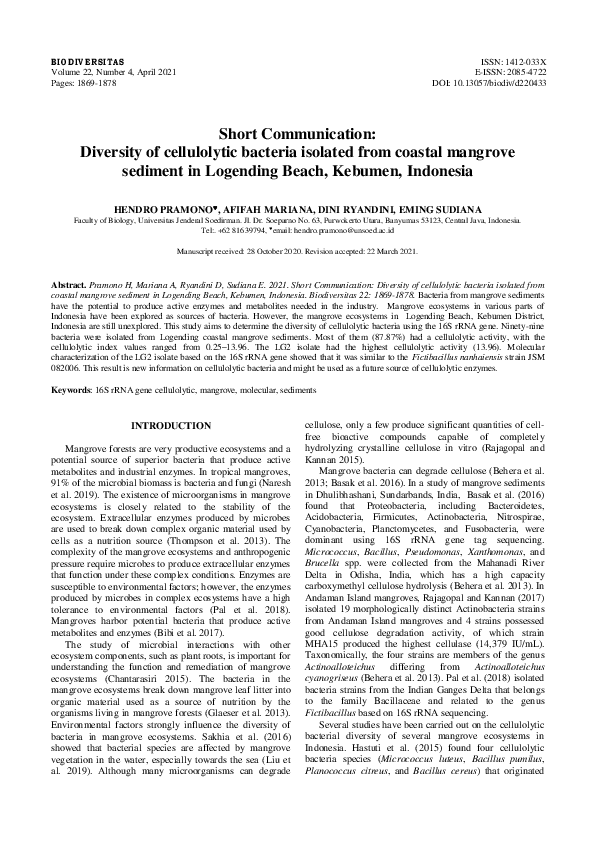(PDF) Short Communication: Diversity of cellulolytic bacteria isolated from coastal mangrove ...
