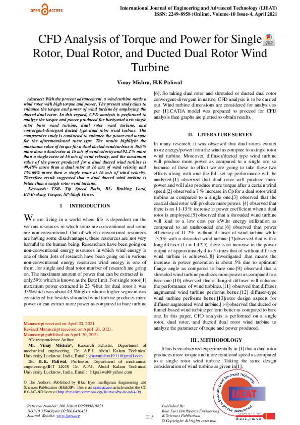 (PDF) CFD Analysis of Torque and Power for Single Rotor, Dual Rotor ...