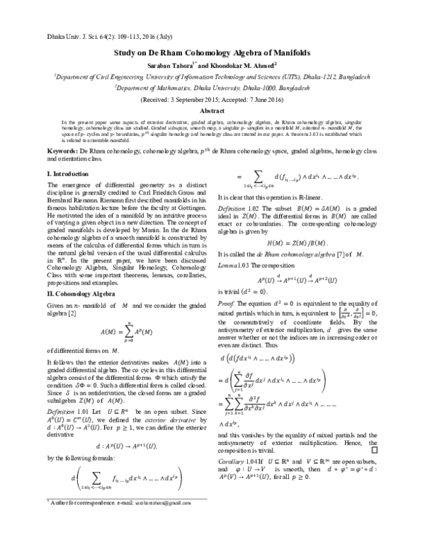 (PDF) Study on De Rham Cohomology Algebra of Manifolds