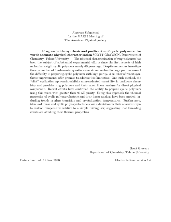 (PDF) Progress in the synthesis and purification of cyclic polymers ...