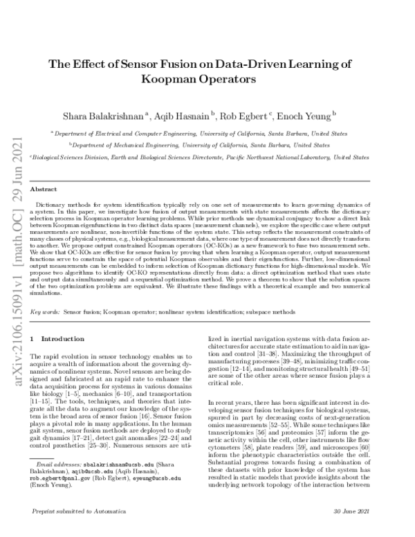 (PDF) The Effect of Sensor Fusion on Data-Driven Learning of Koopman Operators