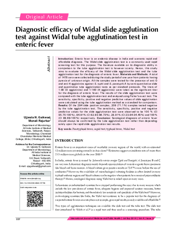 (PDF) Diagnostic efficacy of Widal slide agglutination test against ...
