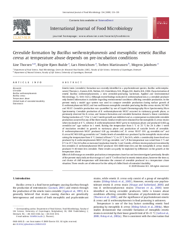 (PDF) Cereulide formation by Bacillus weihenstephanensis and mesophilic ...