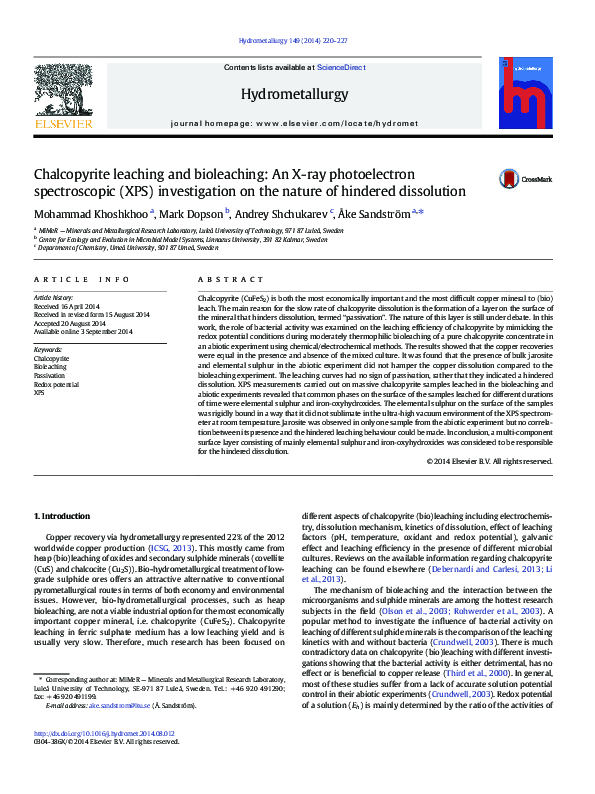 (PDF) Chalcopyrite leaching and bioleaching: An X-ray photoelectron ...