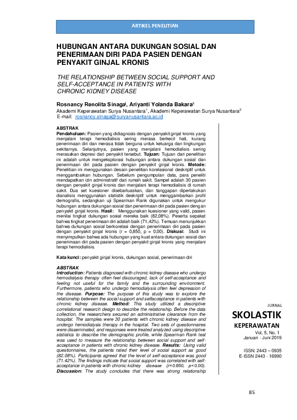 (PDF) Hubungan Antara Dukungan Sosial Dan Penerimaan Diri Pada Pasien Dengan Penyakit Ginjal Kronis