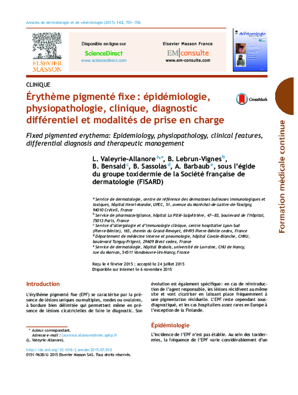 (PDF) Érythème Pigmenté Fixe : Épidémiologie, Physiopathologie ...