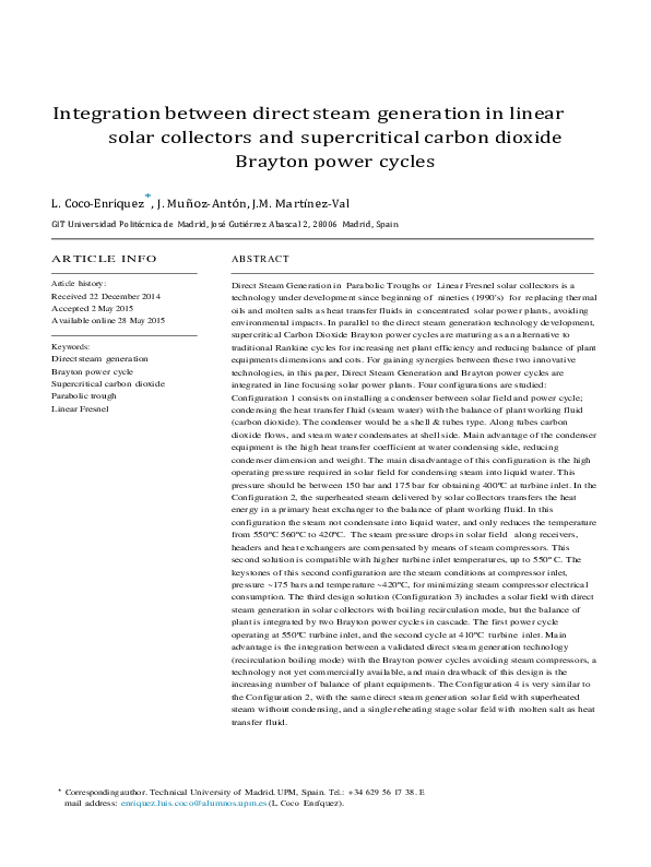 (PDF) Integration between direct steam generation in linear solar collectors and supercritical ...