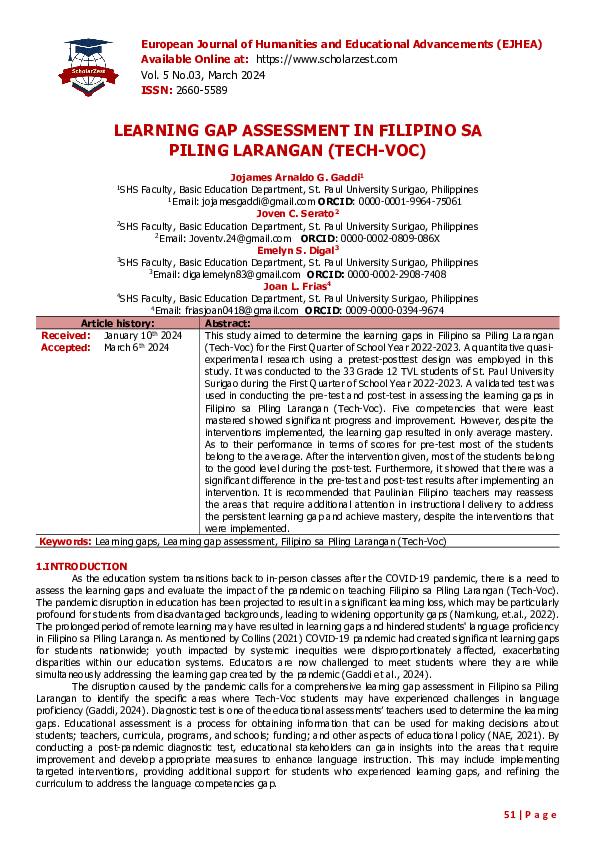 (PDF) LEARNING GAP ASSESSMENT IN FILIPINO SA PILING LARANGAN (TECH-VOC)