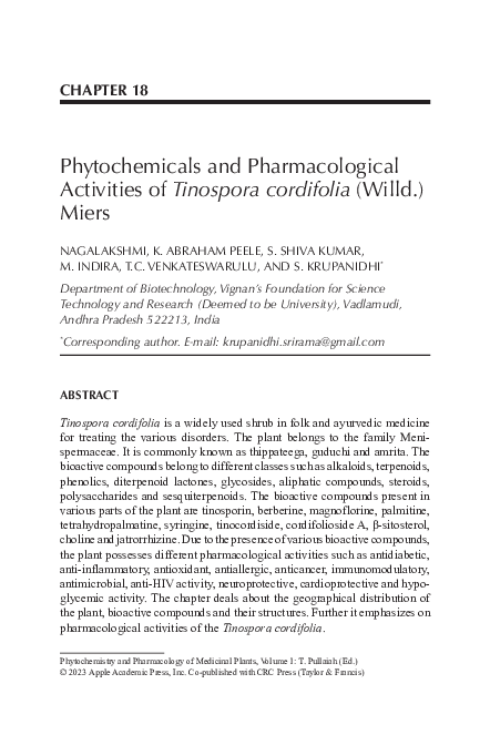 (PDF) Phytochemicals and Pharmacological Activities of Tinospora cordifolia (Willd.) Miers