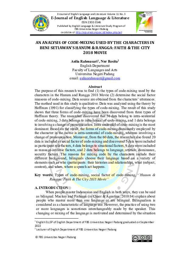 (PDF) An Analysis of Code-Mixing Used by the Characters in Beni ...