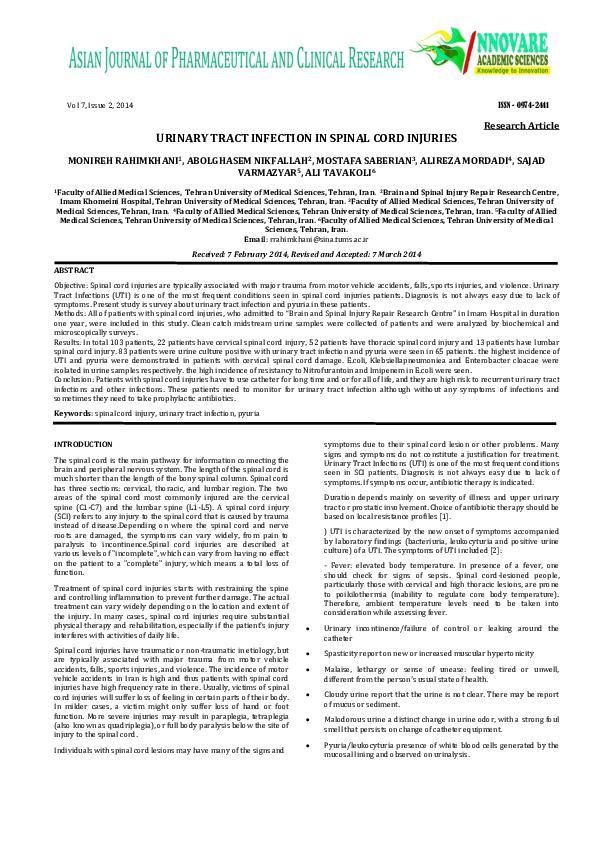 (PDF) Urinary Tract Infection in Spinal Cord Injuries