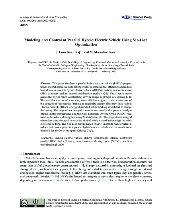 (PDF) Modeling and Control of Parallel Hybrid Electric Vehicle Using Sea-Lion Optimization