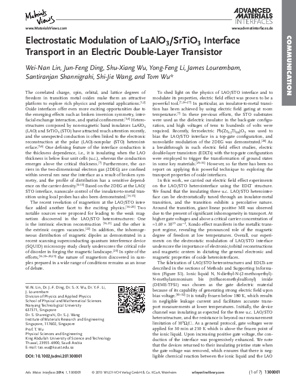 (PDF) Electrostatic Modulation of LaAlO 3 /SrTiO 3 Interface Transport ...