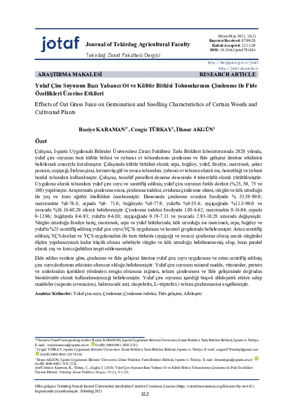 (PDF) Yulaf Çim Suyunun Bazı Yabancı Ot ve Kültür Bitkisi Tohumlarının ...
