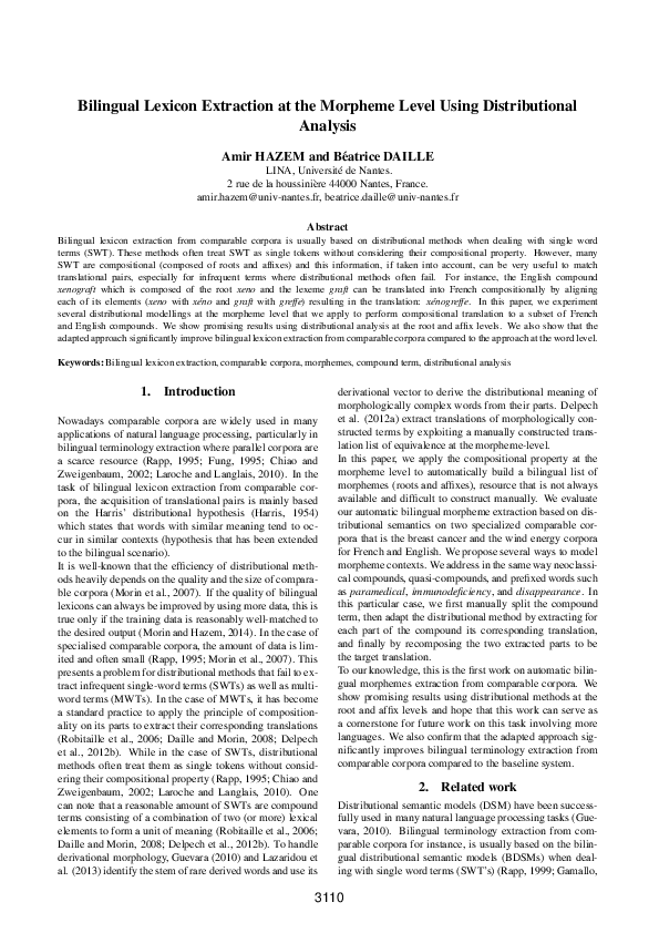 (PDF) Bilingual Lexicon Extraction at the Morpheme Level Using Distributional Analysis