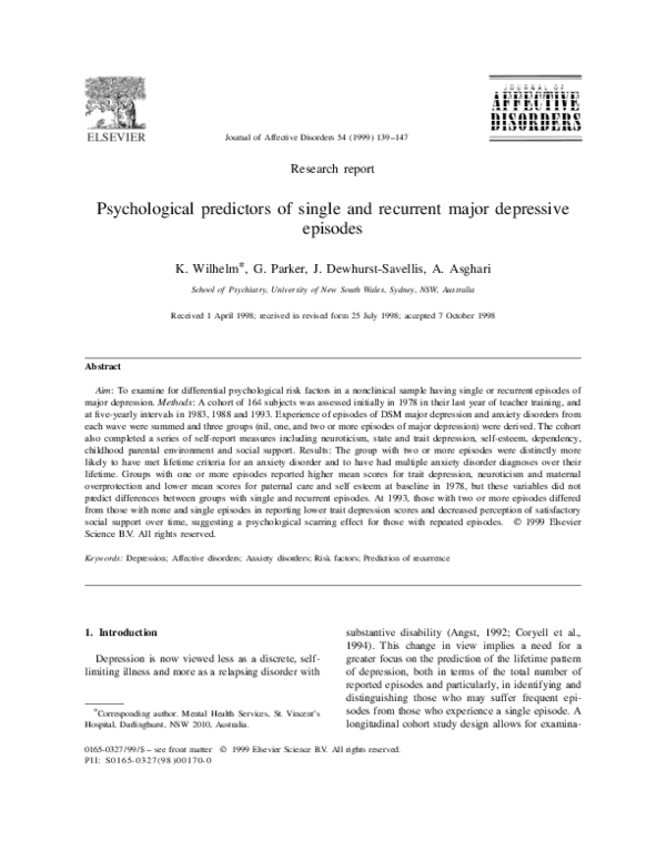 (PDF) Psychological predictors of single and recurrent major depressive episodes | Kay Wilhelm ...