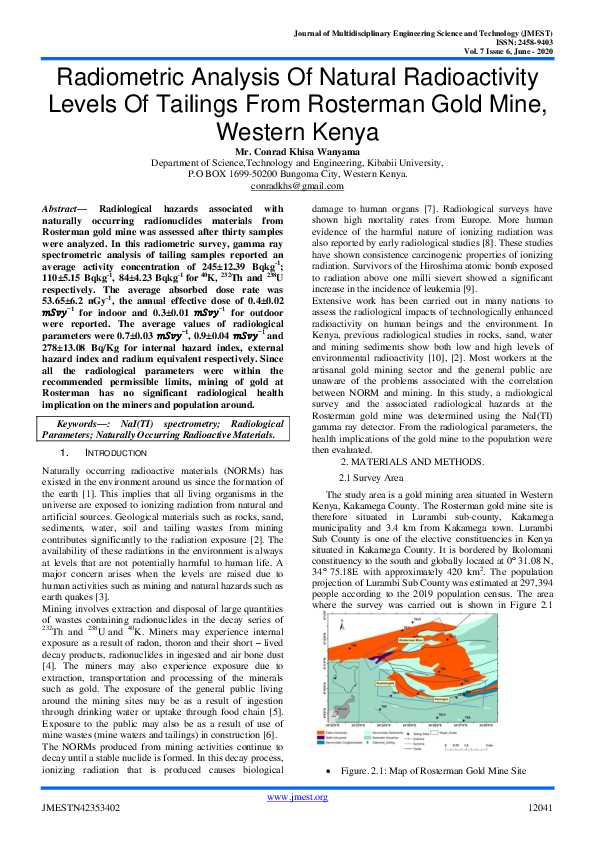 (PDF) Radiometric Analysis Of Natural Radioactivity Levels Of Tailings ...