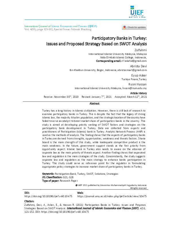 (PDF) Participation Banks in Turkey: Issues and Proposes Strategies ...