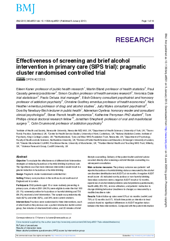 (PDF) Effectiveness of screening and brief alcohol intervention in primary care (SIPS trial ...