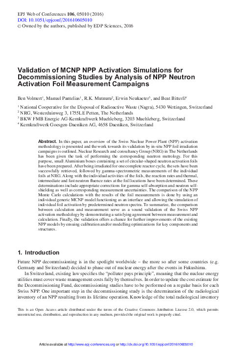 (PDF) Validation of MCNP NPP Activation Simulations for Decommissioning Studies by Analysis of ...